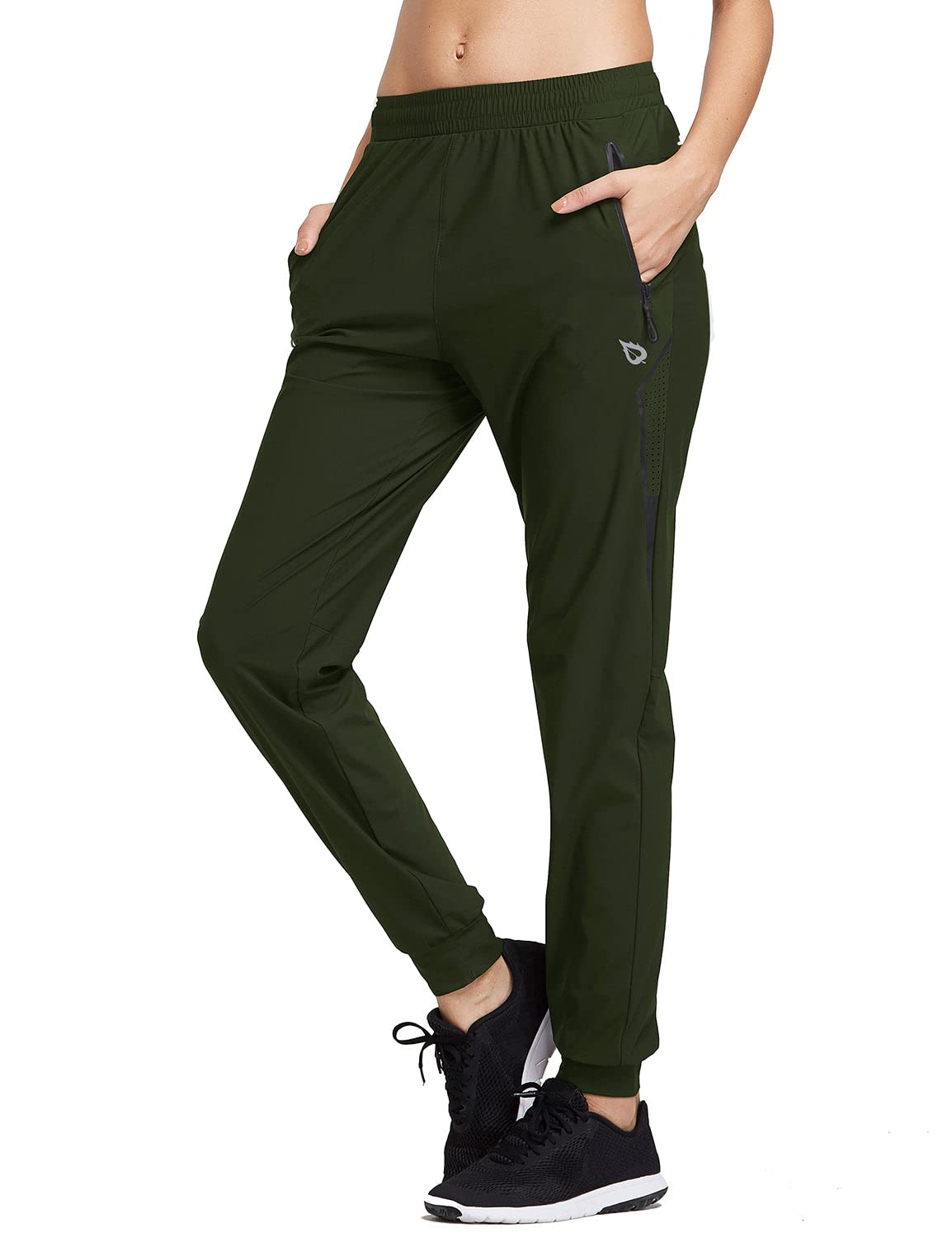 BALEAF Women's Lightweight Hiking Joggers Quick Dry Running UPF 50+ Pants Athletic Zipper Pockets Army Green L
