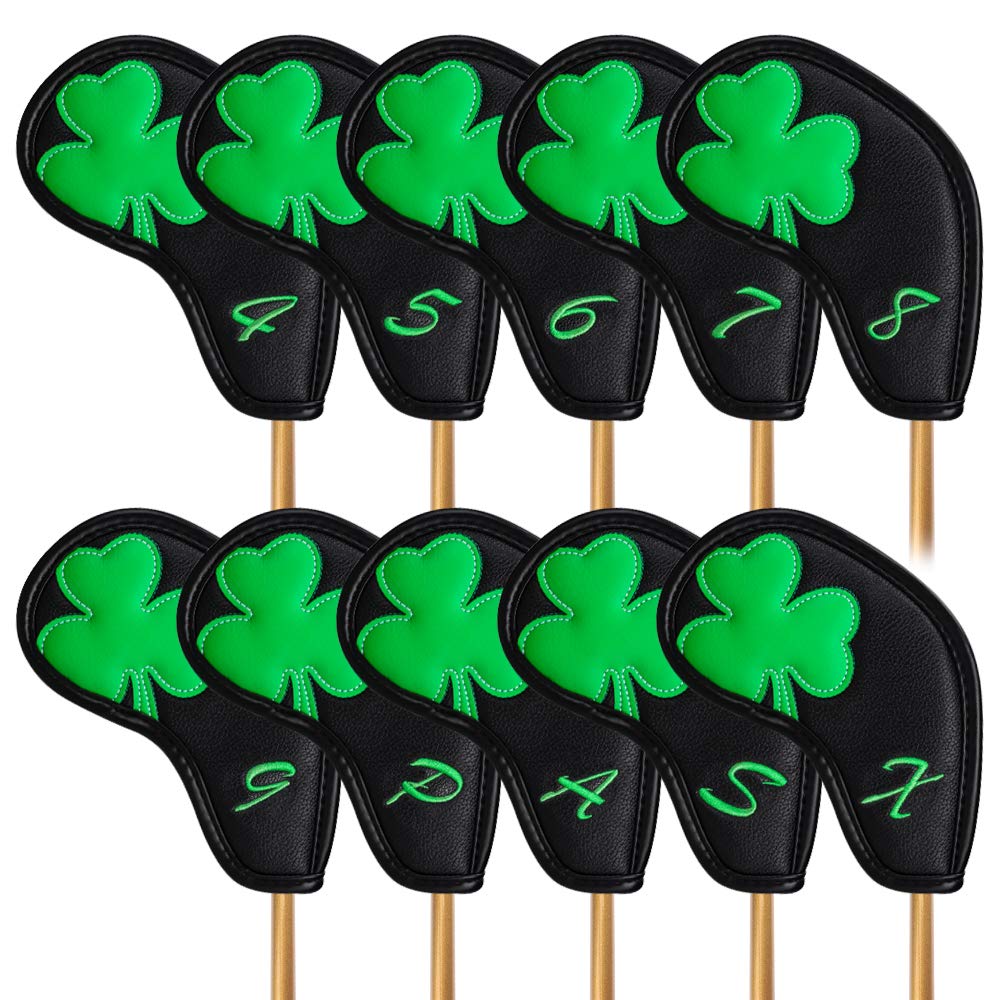 Big Teeth Golf Iron Covers Iron Head Covers Golf Club Head Covers Iron Covers for Golf Clubs 10pcs/Set Iron Covers Golf Head Covers Black Classic Lucky Clover Fits Taylormade SIM Calloway Rogue X