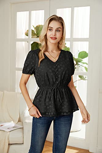 GRACE KARIN Women's Peplum Tops 2023 Summer V Neck Ruffle Short Sleeve Blouse Jacquard Flowy Shirt Tunic Top Black