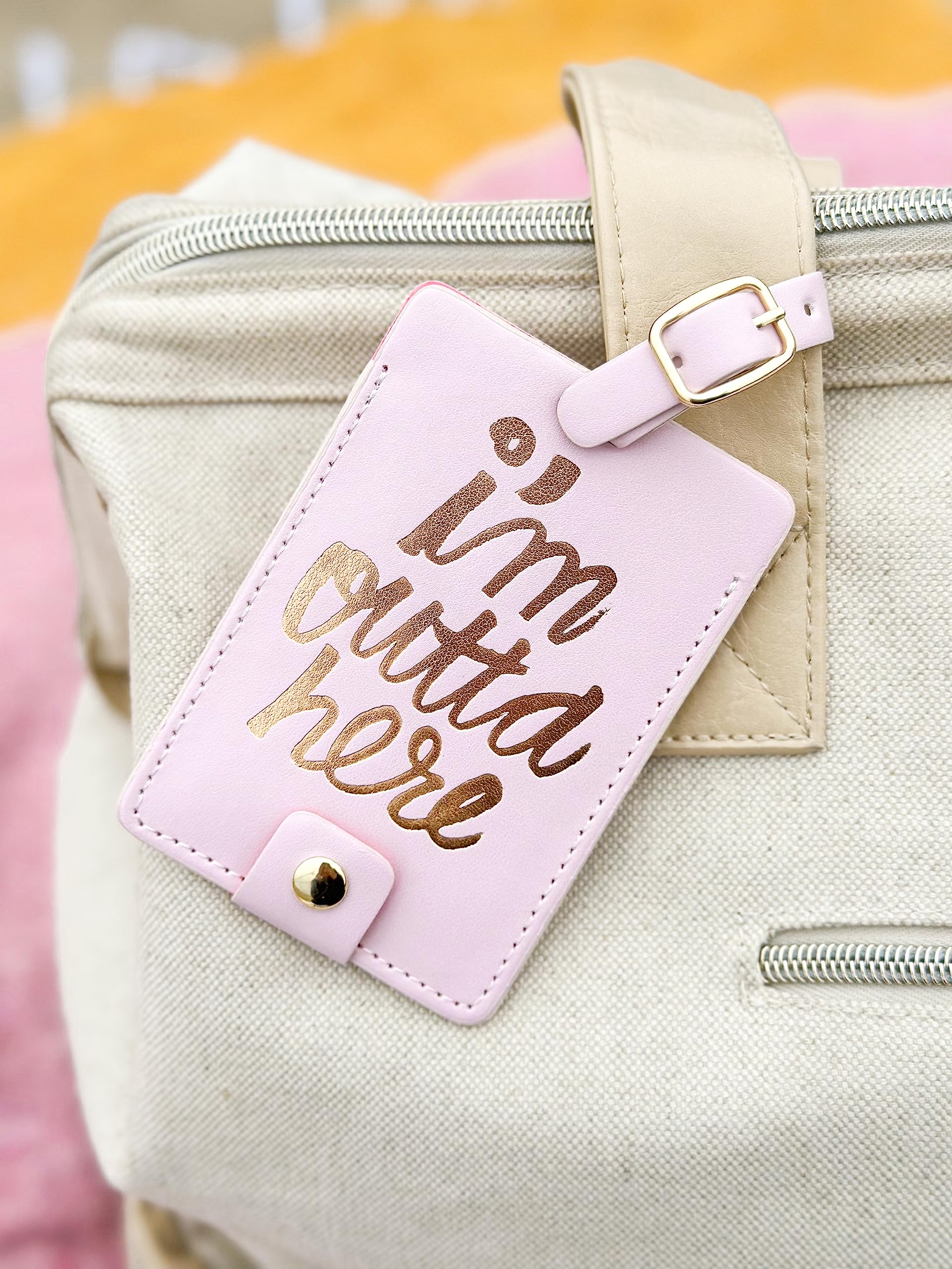 Ban.do Getaway Suitcase Tag for Travel, Pink Durable Vegan Leather Luggage Identifier, I'm Outta Here