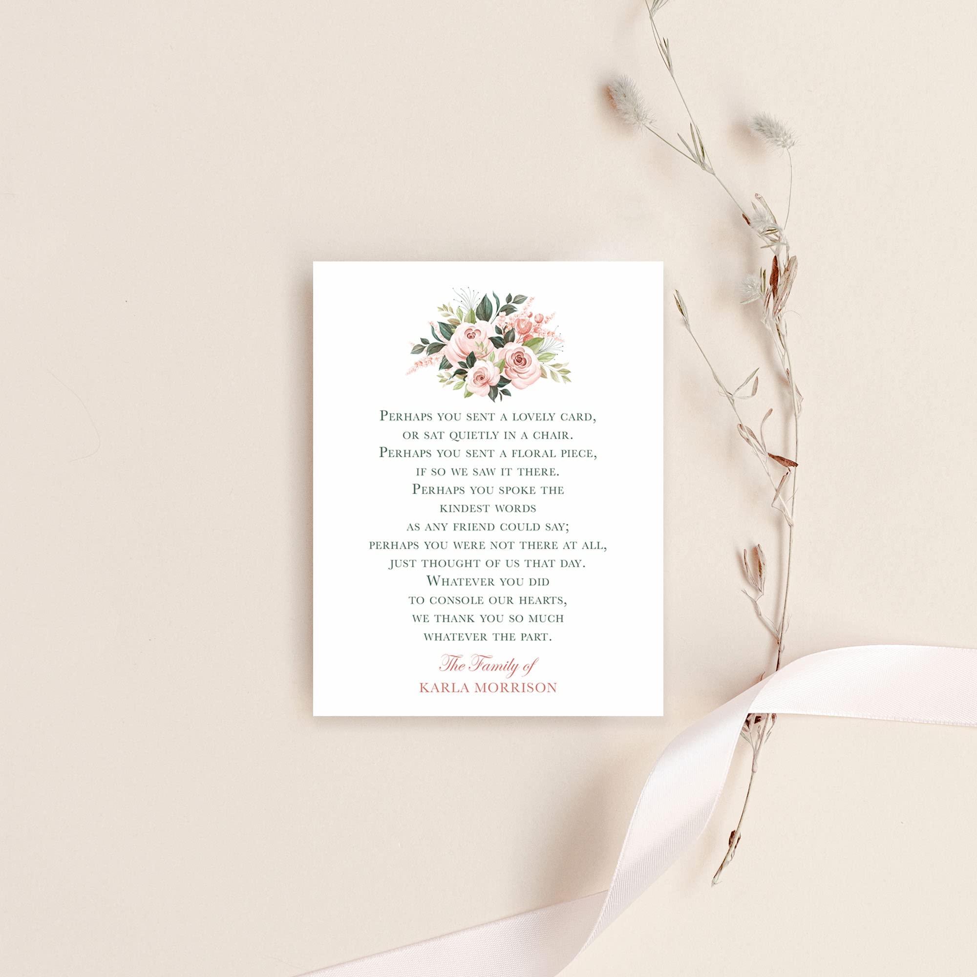 Hello Love Goods Sympathy Acknowledgement Cards, Personalized Funeral Thank You Cards with Poem and Pink Flowers - 5.5x4.25 Flat Notecards with Envelopes