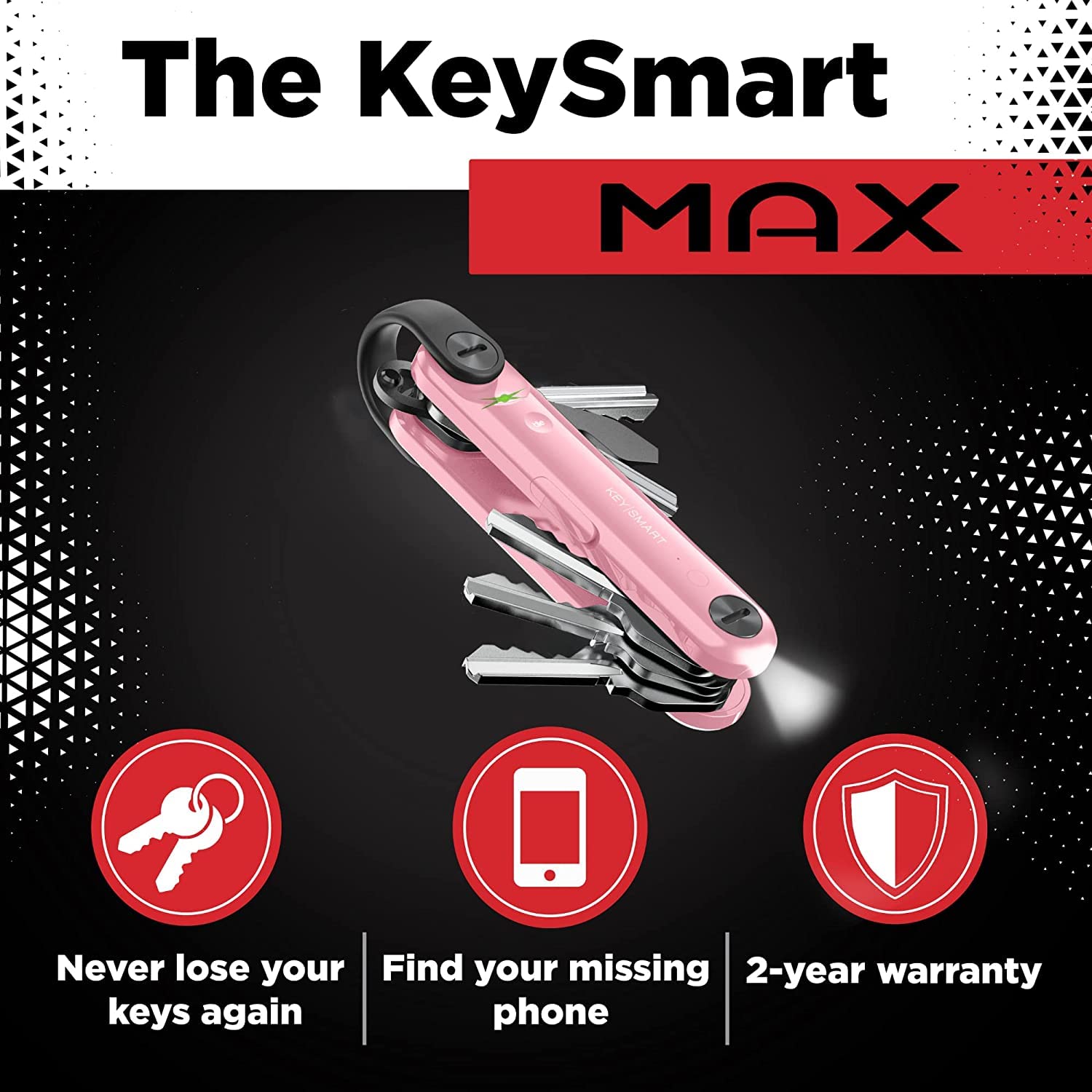 KeySmart Max - Compact Trackable Key Organizer w LED Flashlight and Tile Bluetooth Key Finder Technology, EDC Key Holder, Attach Car Key Fob, and Other Keychain Accessories (up to 14 Keys, Blush Pink)