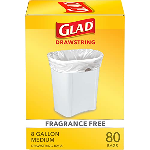Glad Medium Drawstring Trash Bags, 8 Gallon, White, Fragrance Free, 80 Count, Pack May Vary