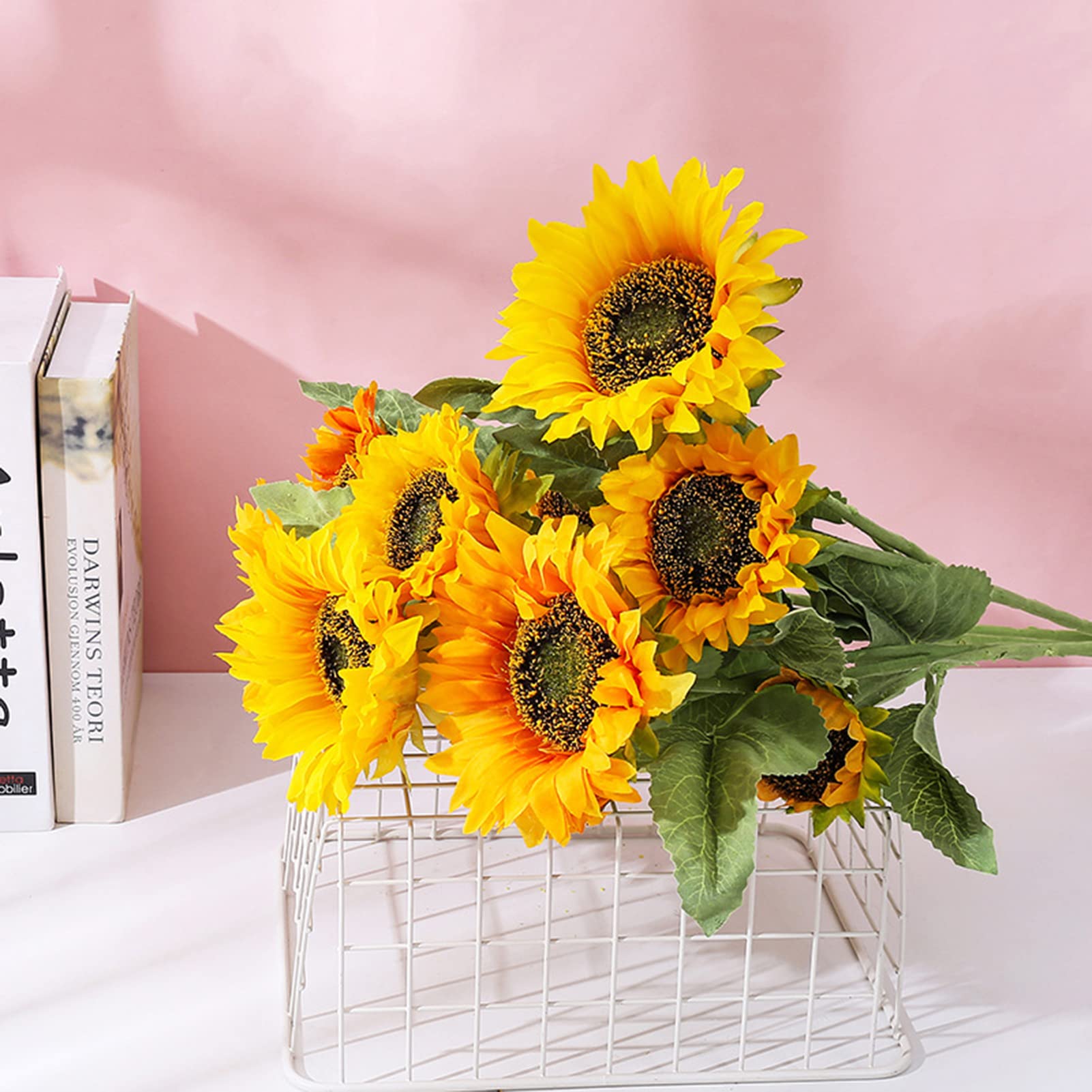 MIZZLES 6pcs Artificial Sunflowers, Long Single Stem Realistic Silk Fake Sunflower Decoration for Home Hotel Office Wedding Party Garden