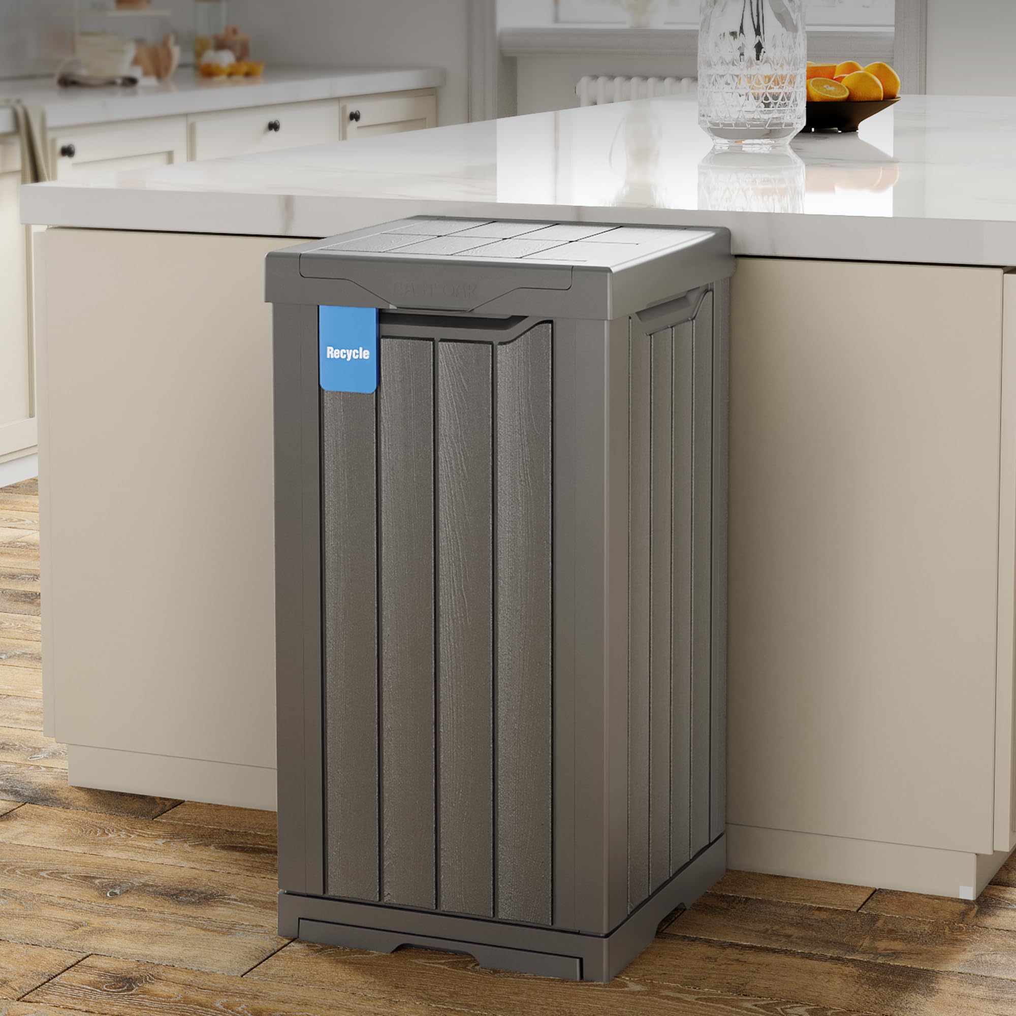 EAST OAK 31 Gallon Outdoor Trash Can, Waterproof Resin Garbage Can with Garbage Sorting Boards, Lid and Drip Tray, Outdoor Waste Bin for Patio, Kitchen, Backyard, Deck, Gray