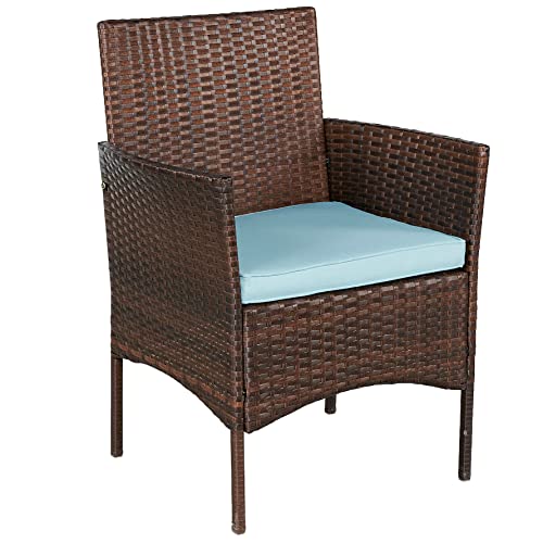 BTEXPERT Space Saving Outdoor Wicker Conversation 3 Piece Bistro Set Garden Patio Yard Porch Furniture Pe Rattan Two Chairs Cushions Side Storage Table Brown/Aqua Blue