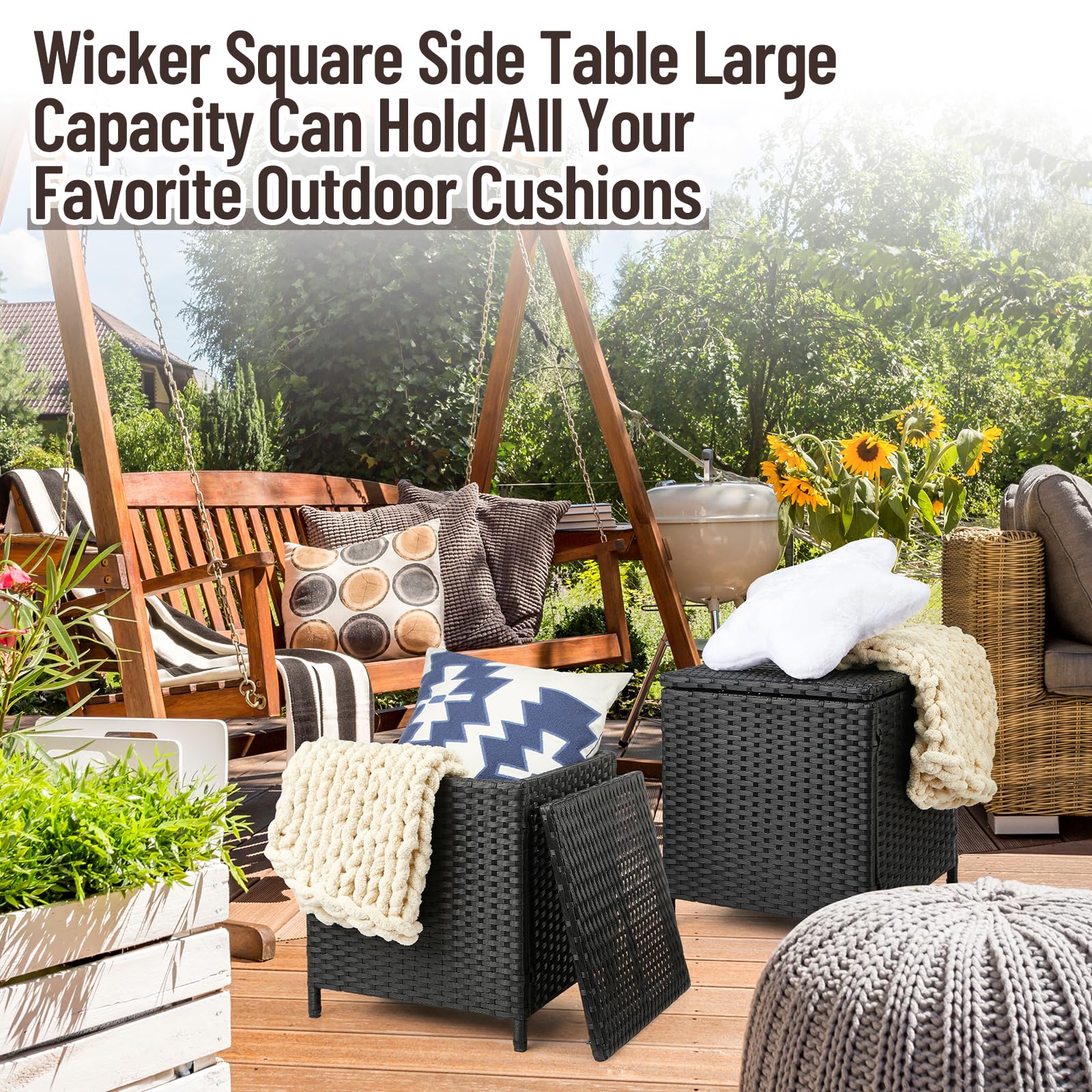 DoubleFill 2 Pcs Wicker Side Table with Storage PE Rattan Wicker Ottoman Small Patio Outdoor Storage Box 11.8 Gallon Square Outdoor Foot Stool Footrest Footstool for Porch, 15.75 x 15.75 x 17.72