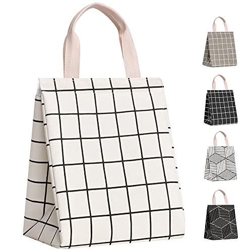 HOMESPON Reusable Lunch Bag Insulated Lunch Box Canvas Fabric with Aluminum Foil, Lunch Tote Handbag for Women,Men,Office (White Plaid)