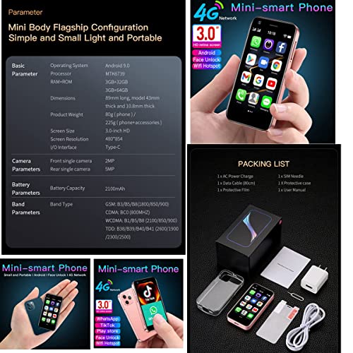 Global Version Soyes XS12 Mini 4G Smartphone 3.0 Inch Dual Sim Ultra Thin Unlocked Card Mobile Phone WiFi Bluetooth Hotspot Student Pocket Cellphone (Blue 64GB)