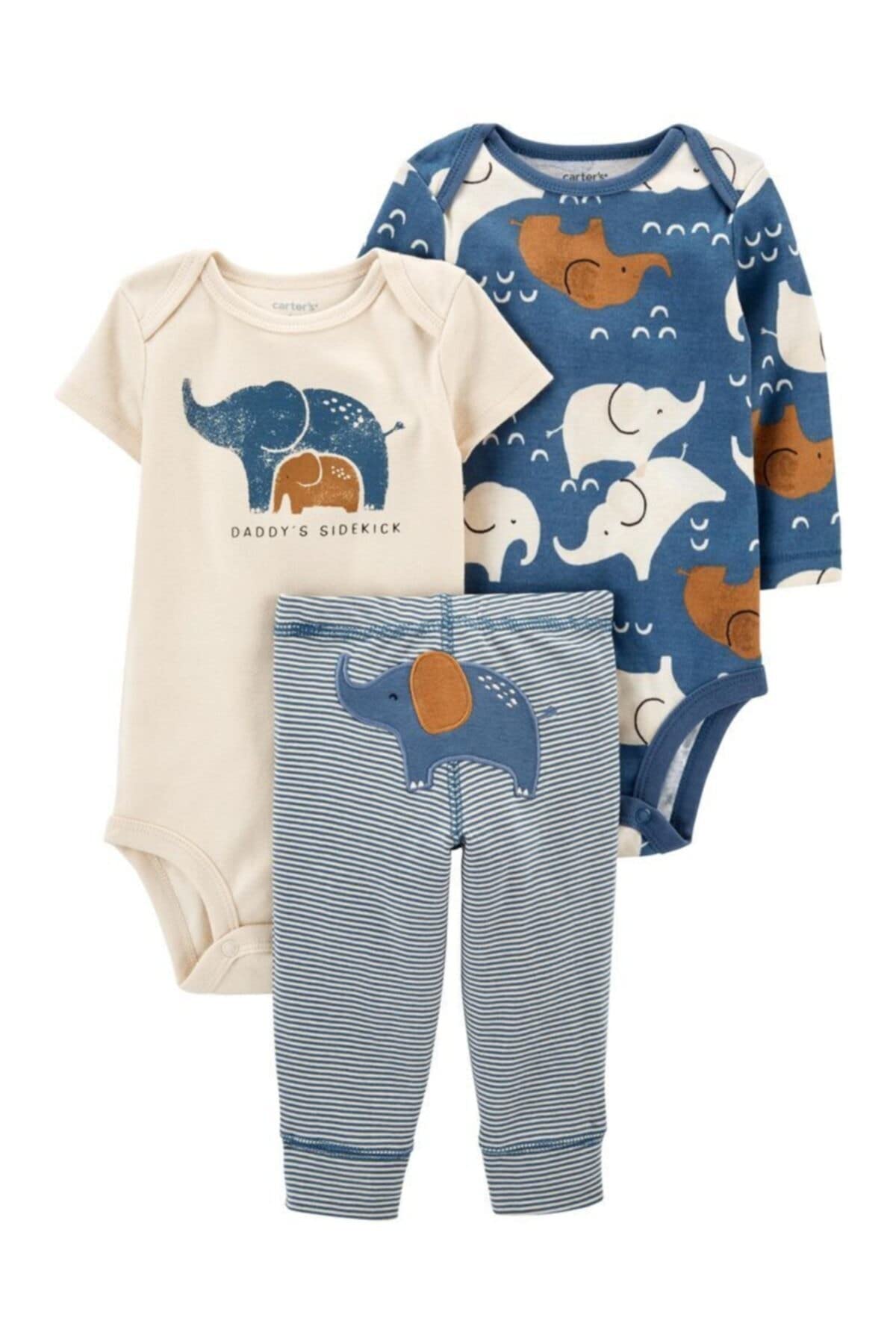Carter's Baby Boy 3-Piece Bodysuit Pant Outfit Set (Blue Brown Elephant, 9 Months)