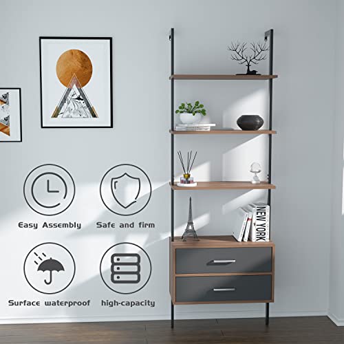 DREAMODERN Modern Bookshelf with Drawers, 4-Tier Open Bookcase Tall Wall Mount Ladder with Steel Frame -Brown