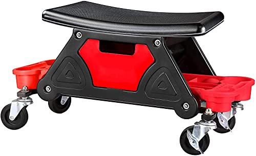Flieeya Mechanic Stool Heavy Duty Roller Mechanics Seat Creeper Seat Garage Roller Car Detailing Stool Seat Garage Seats with Slide Out Tool Trays and Drawer, Brake Stool, 300 LB Capacity
