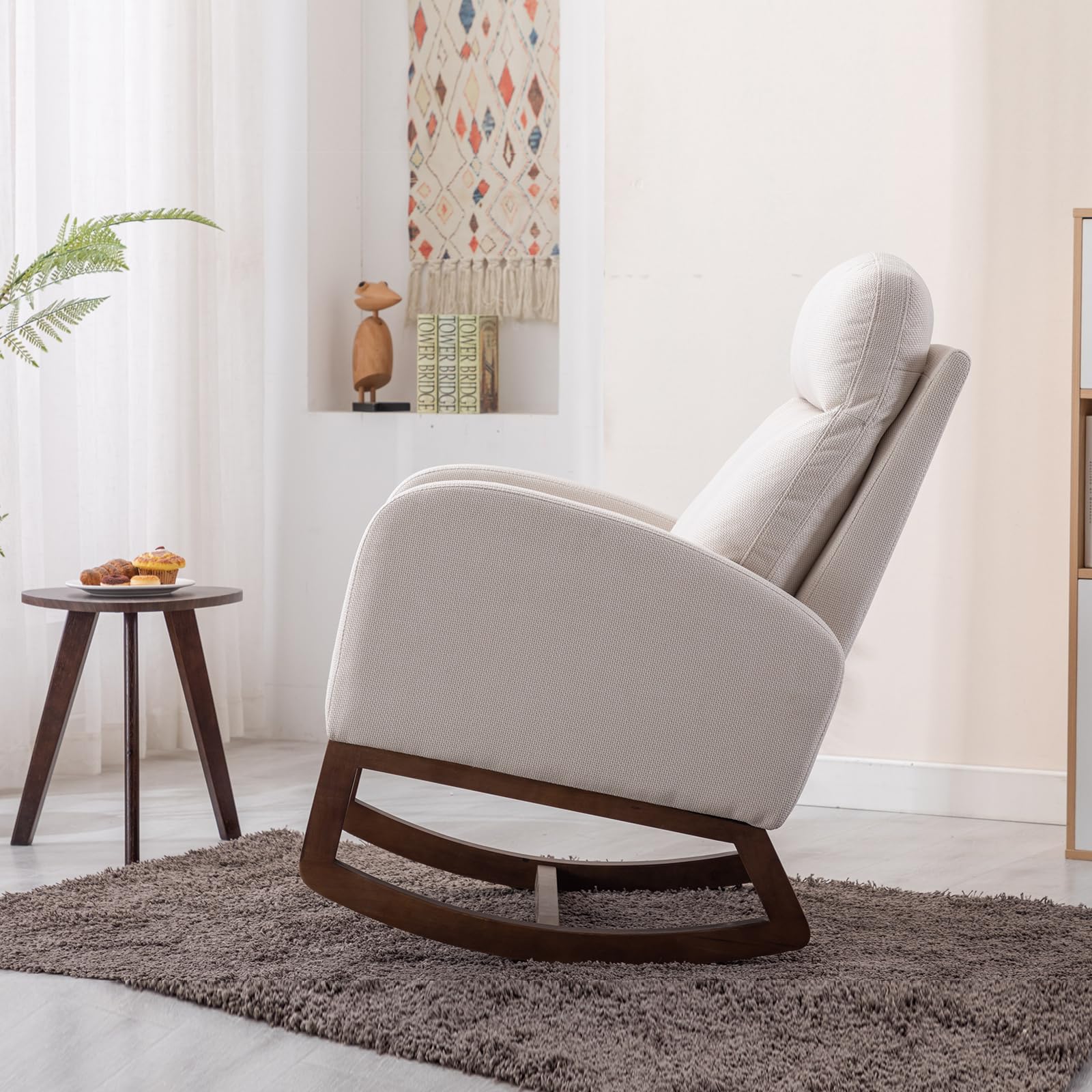 BIGTREE Modern Rocking Chair, Nursery Glider Rocker with Upholstered 2 Side Pocket Comfortable Armchair and High Backrest Accent Indoor for Living Room Lounge
