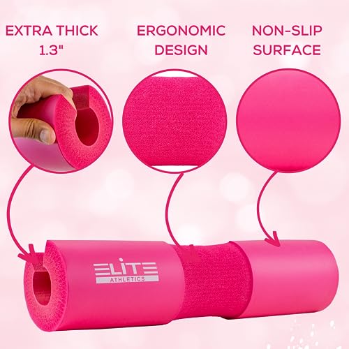 Elite Athletics Barbell Squat Pad with Secure Straps & Carry Bag for Hip Thrusts, Pair of Gym Ankle Straps for Cable Machines, 2 Hip Resistance Bands, 2 Wrist Lifting Straps (Pink)