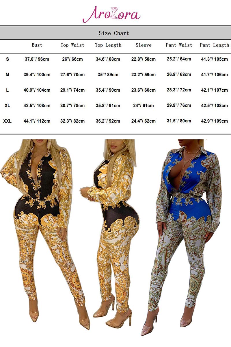 Aro Lora Womens Sexy Deep V Neck Long Sleeve Floral Print Two Piece Jumpsuit Outfit Bodysuit and Pant Set Small Blue