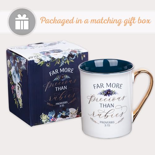 Christian Art Gifts Ceramic Coffee & Tea Mug for Women 12 oz Navy Blue Floral w/Gold Accents Inspirational Bible Verse Mug -More Precious than Rubies - Proverbs 3:15 Lead-free Scripture Cup