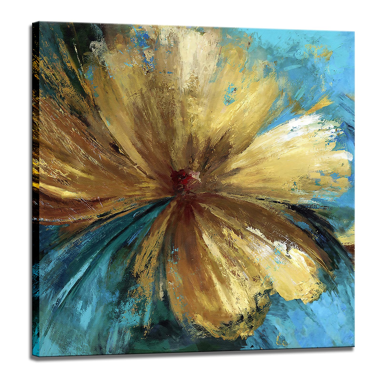Biuteawal - Modern Canvas Flower Wall Art Abstract Gold Floral Blue Background Paintings on Canvas Still Life Artwork for Home Kitchen Living Room Bedroom Decorations Wall Decor
