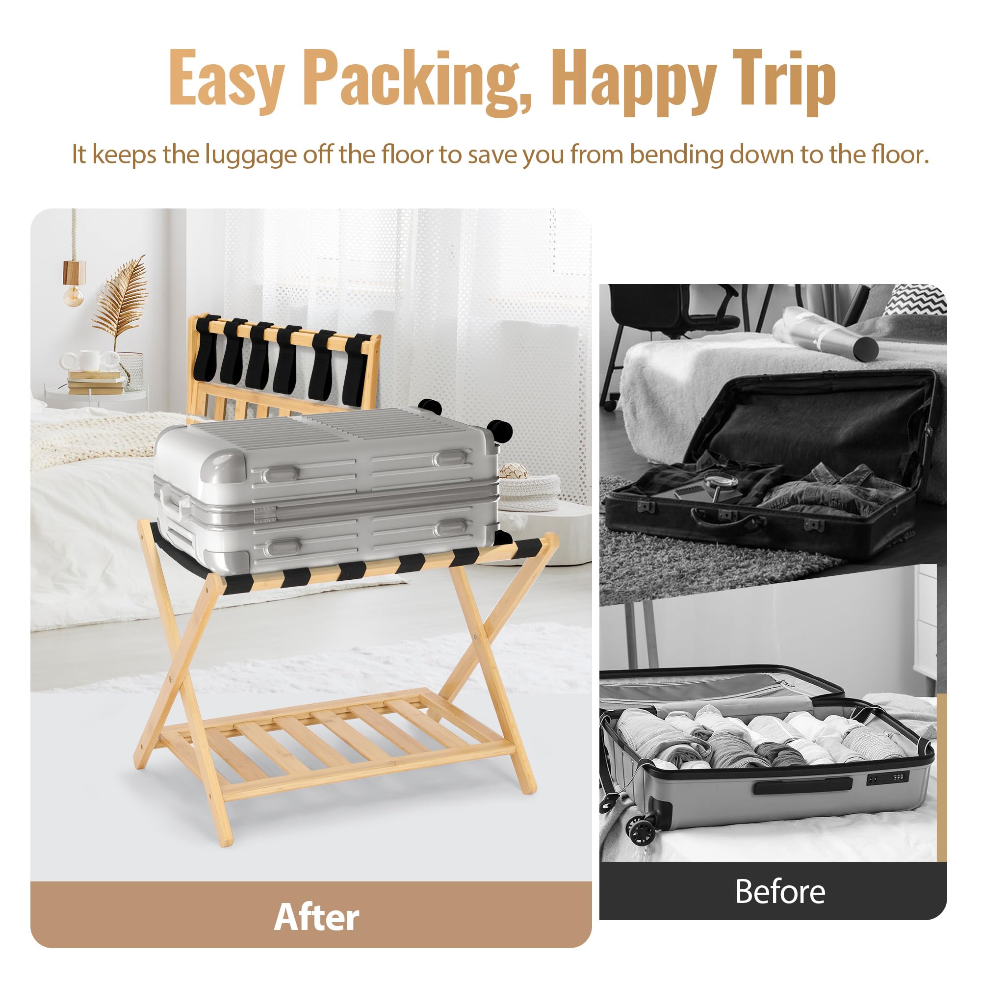 Lynxor 2-Pack Folding Luggage Racks, Foldable Bamboo Suitcase Stand with Storage Shelf, Luggage Holder with 6 Nylon Straps for Hotel Guest Room Bedroom, Nature 2Pcs