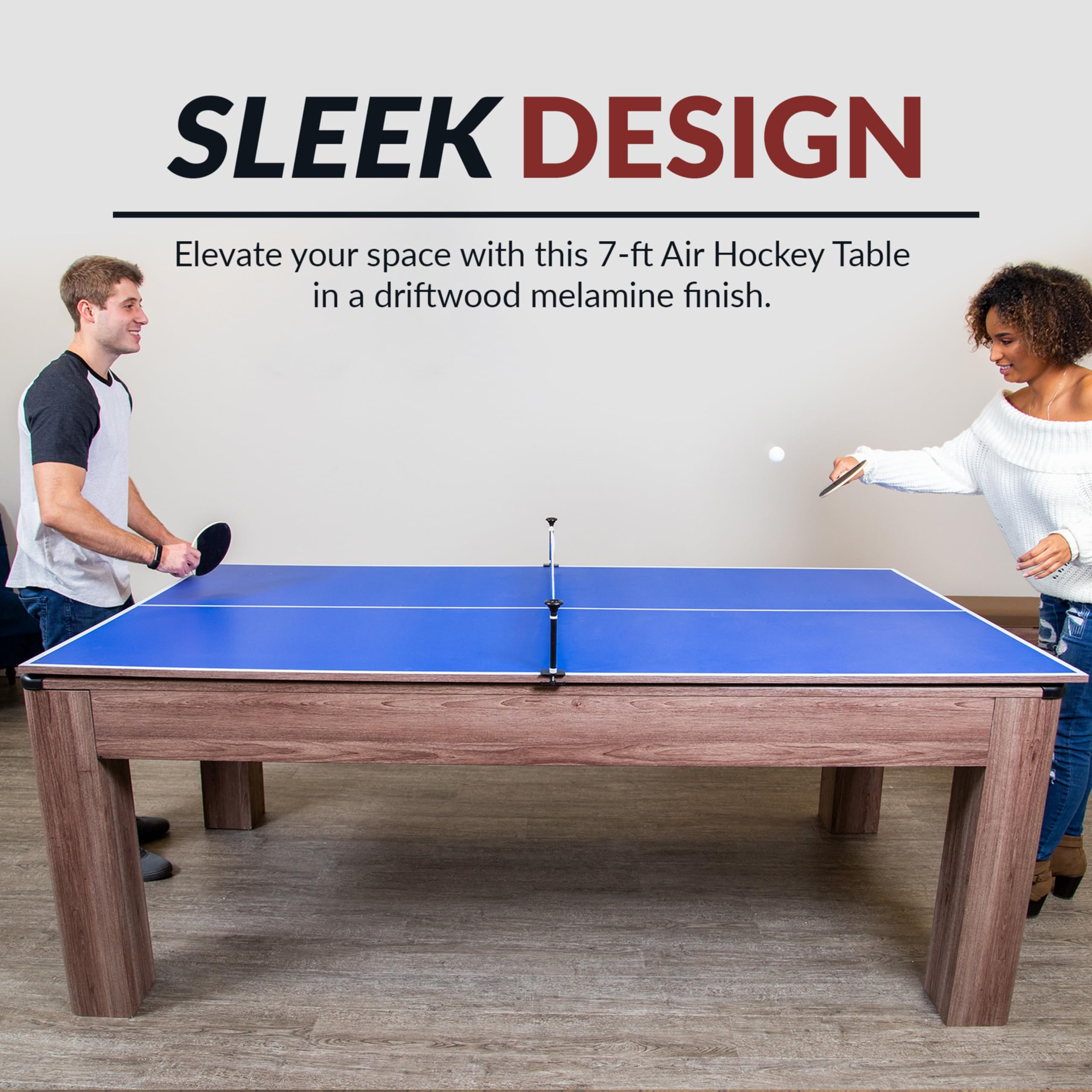 Hathaway Driftwood 7 Ft Air Hockey Table for Home Game Room - with Table Tennis Top, Dining Surface, Electronic Scorer, Two Storage Benches, High-Output Blower, Strikers & Pucks - Driftwood Finish