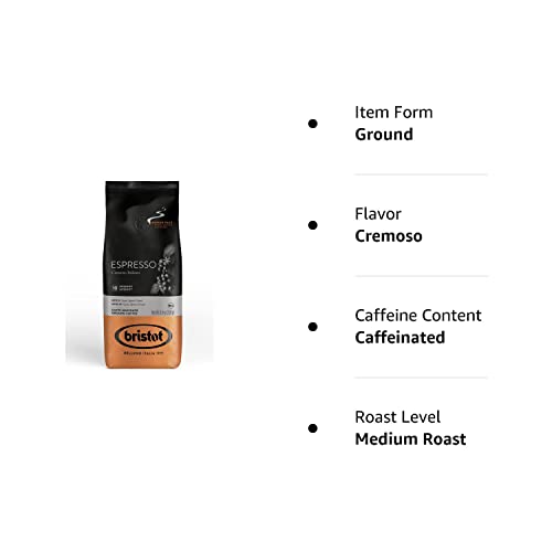 Bristot Espresso Cremoso Italiano Ground Coffee | Italian Espresso | Medium Roast | For Home Espresso Machines | 8.8oz/250g