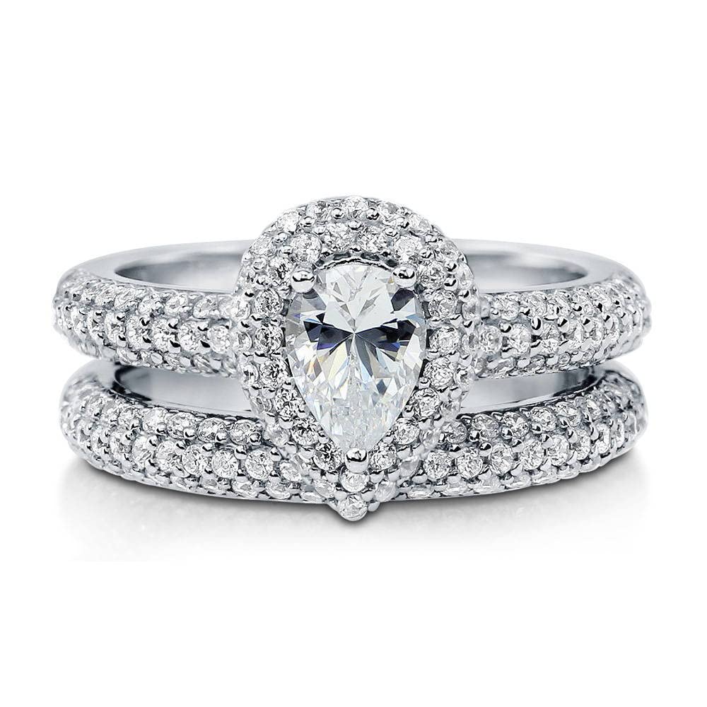 BERRICLE Sterling Silver Halo Wedding Engagement Rings Pear Cut Cubic Zirconia CZ Ring Set for Women, Rhodium Plated Size 9