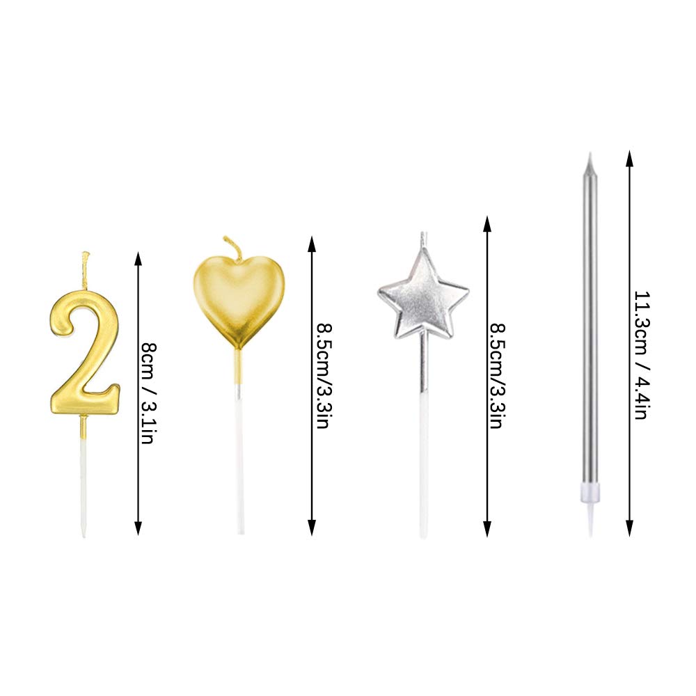 FULANDL 26Pcs Birthday Numeral Candles Set, 10Pcs Number 0-9 Glitter Cake Topper Decoration with 16Pcs Long, Star, Heart Birthday Candles (Gold)