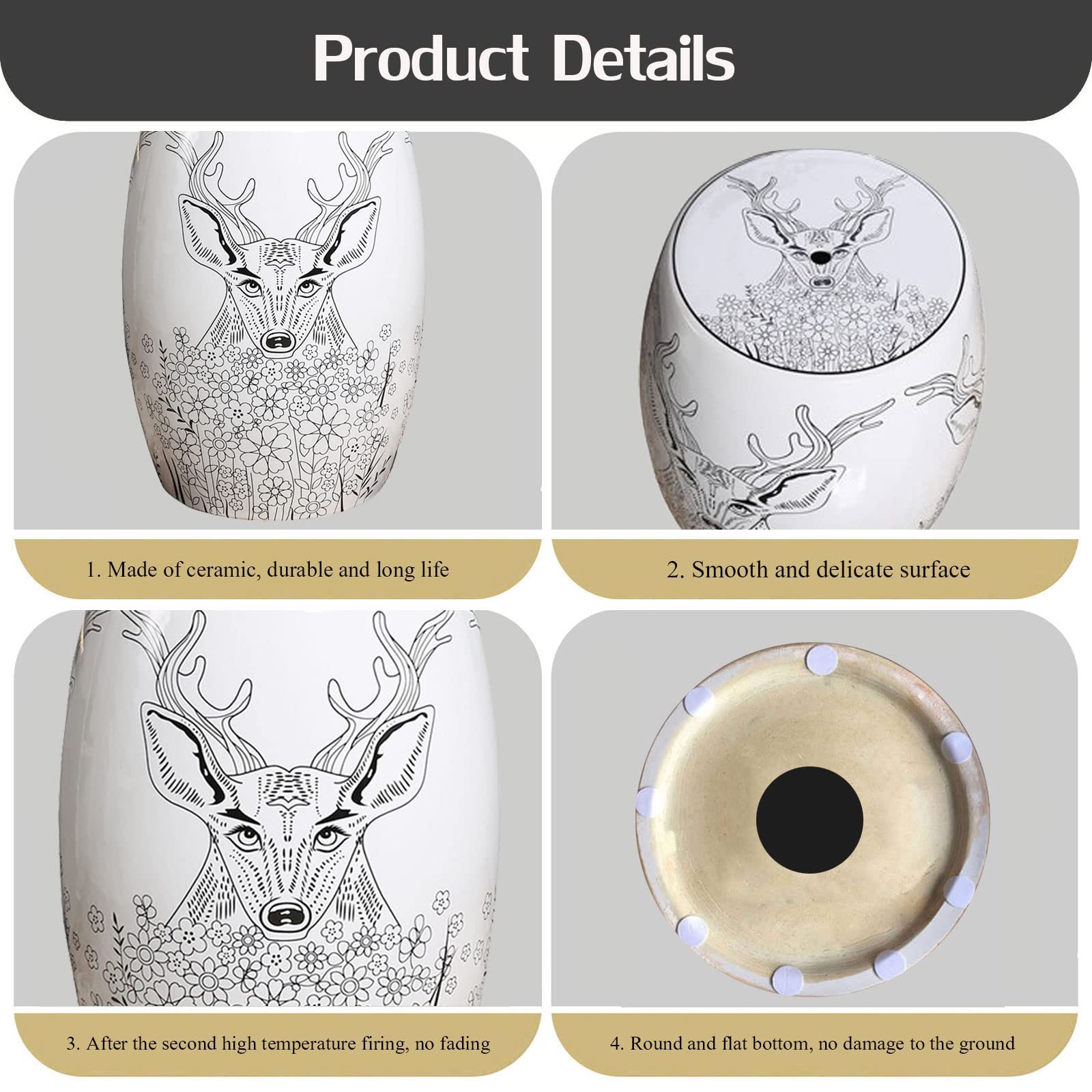 AUdue Decorative Ceramic Garden Stool, Glazed Christmas Deer Changing Stool for Living Room, Balcony, Garden, Etc.