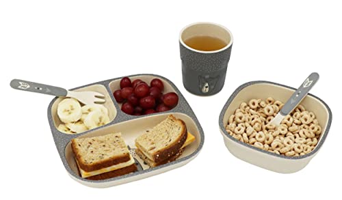 Kids 5 piece Dinnerware Set - Bamboo Toddler Dinner Set - Dishwasher Safe - The Perfect Childrens Dining Set With A Bowl, Plate, Cup And Utensils- Divided Plate Which Is Great For Fussy Eaters