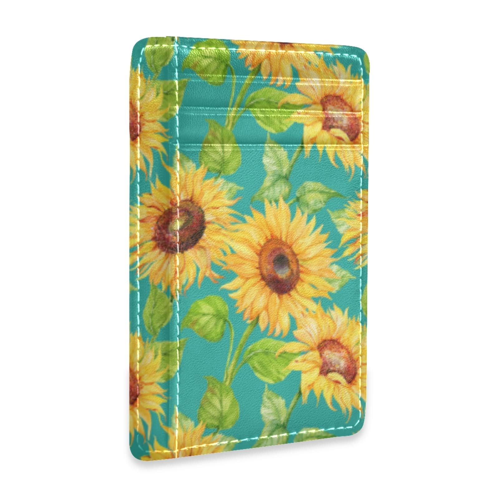 Linomo Thin leather Card Holder and Money Clip Vintage Sunflower Pattern Wallet RFID Blocking for Men & Women