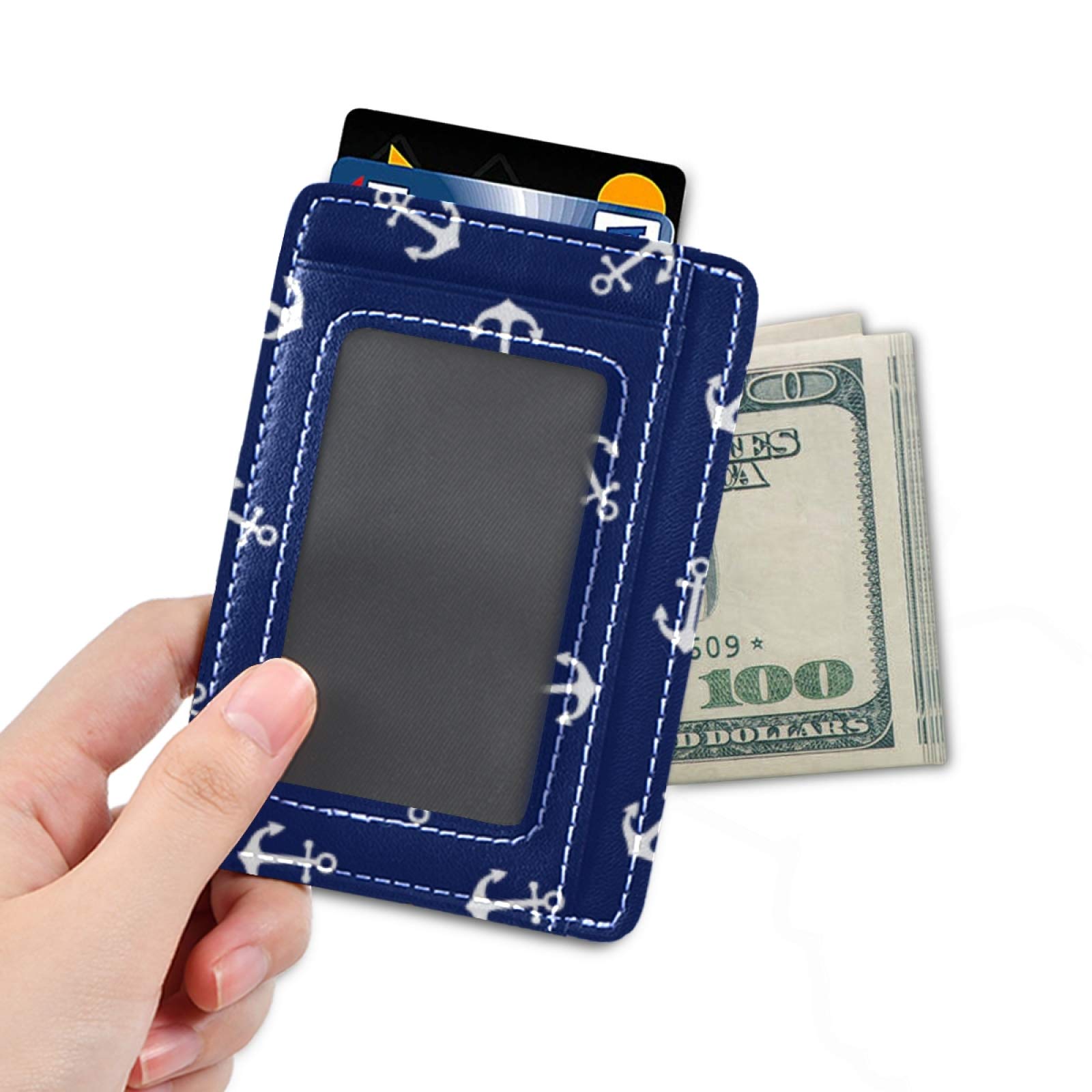 Linomo Thin leather Card Holder and Money Clip Nautical Anchor Pattern Wallet RFID Blocking for Men & Women
