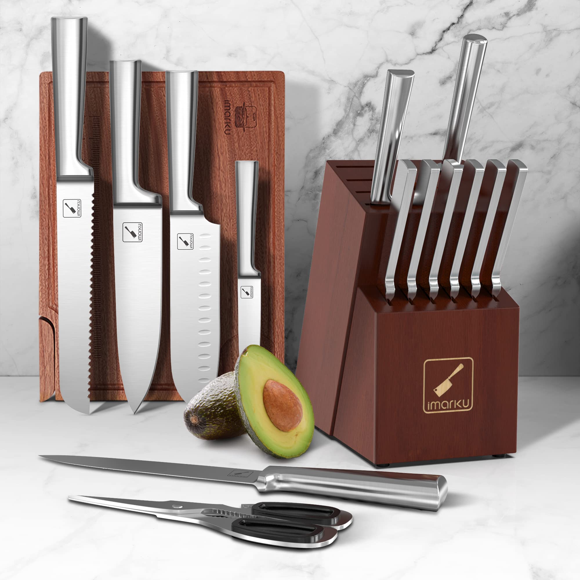 Cleaver Knife and 15-Pieces Knife Set, imarku Japan Stainless Steel Knife Set with Block and Knife Sharpener, 7 Inch Meat Cleaver or Home Kitchen and Restaurant