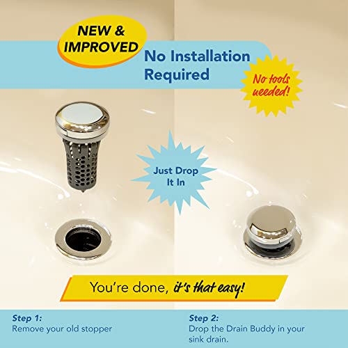 Drain Buddy Deluxe: Bathroom Sink Stopper Strainer with Hair Catcher - No Installation Clog Prevention, Fits 1.25β Sink Drains - Chrome Plated Cap with 1 Replacement Basket β Seen On Shark Tank