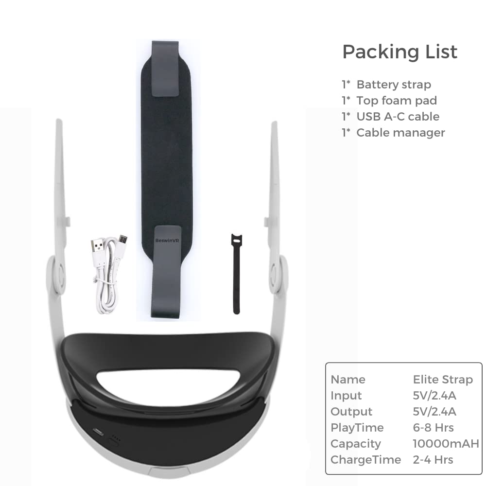 BeswinVR Battery Head Strap 10000mAH for Meta Quest 2 Accessories Extend 6-8hrs Playtime, Replacement for Elite Strap- 10000mAH Strap