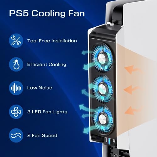 Cooling Fan for PS5 Accessories ,with 3 Blue LED Light/ 2 USB 3.0 Ports / 2 Fan Speed ,Compatible with PlayStation 5 Console Digital / CD Version, High Efficiency PS5 Cooler ( Black )