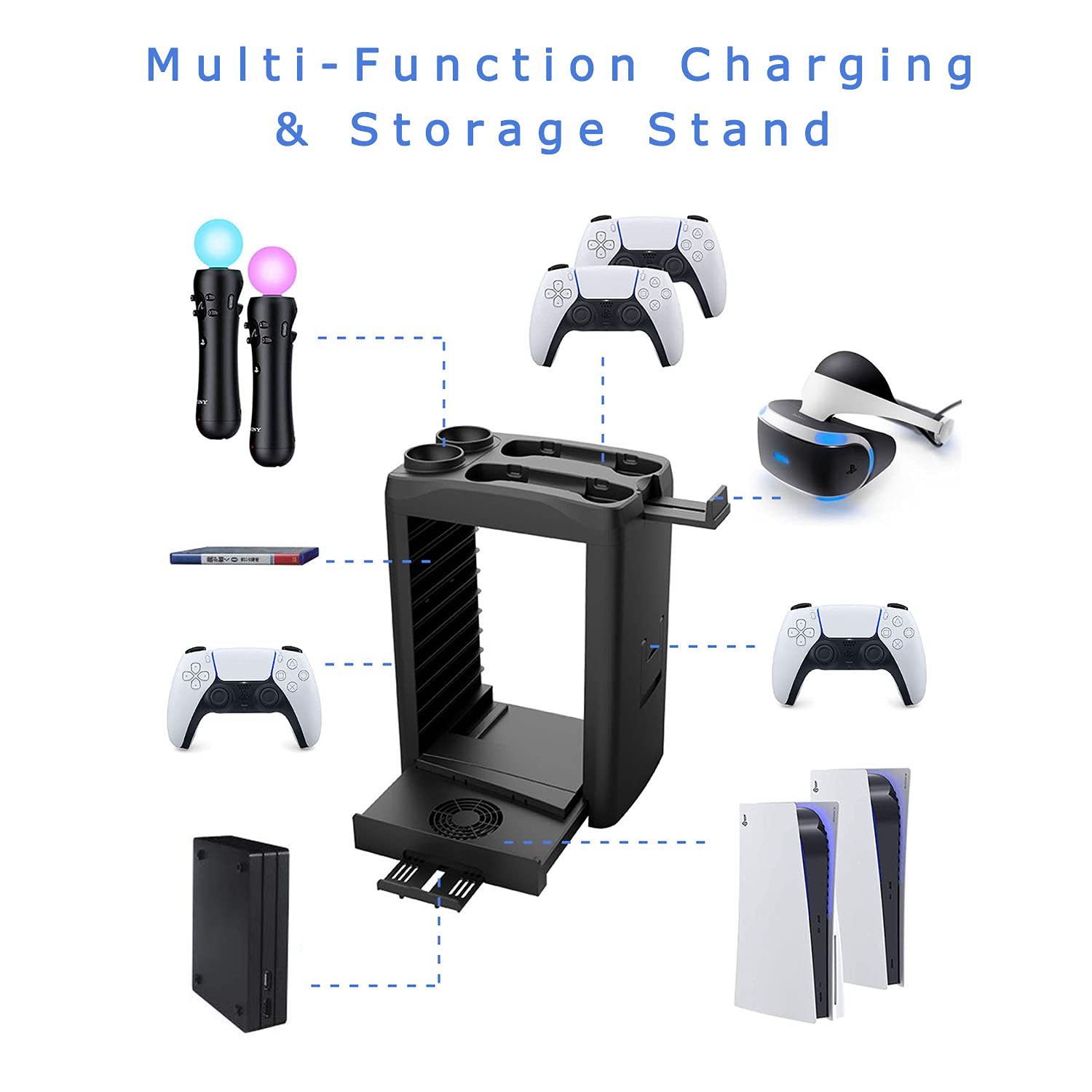 Charging Station for PS5 Controllers PS VR Move,Multifunctional Storage Rack Stand Kit for Playstation 5 Console and PS5 Accessories with 11 Game Disk,Cooling Fan,Headset and PS VR Stand