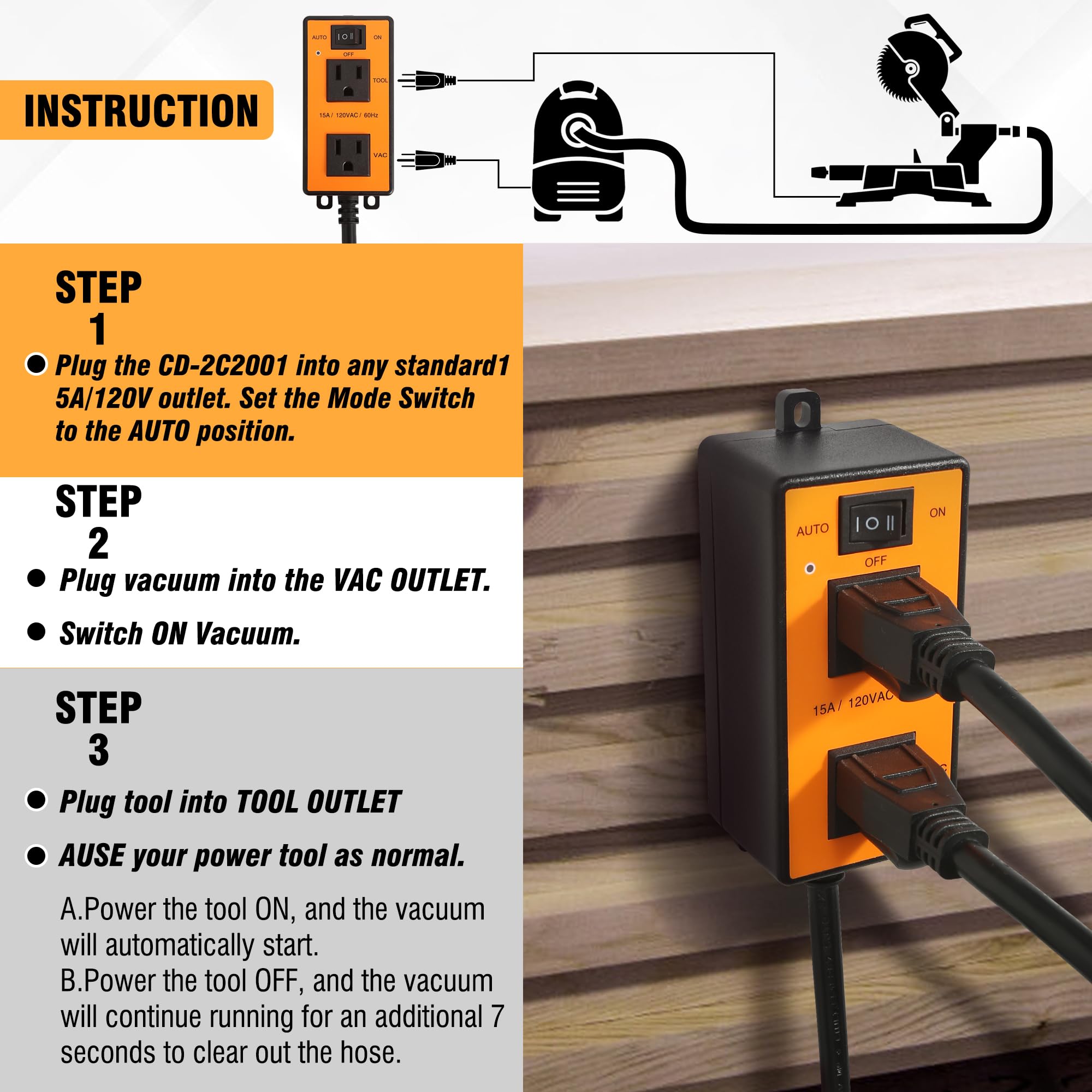 CHAOSEND Automatic Vacuum Switch Allows Power Tool/Table Saw to Turn Vacuum Cleaners/Accessories On and Off, Turn-On Delay Prevents Circuit Overloads Shop Dust Collector Off Delay
