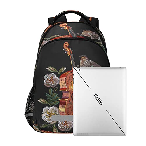 Embroidery Musical Violin Backpack Lightweight Shoulder Bag, Bird Pink Roses Laptop Backpack Casual Daypack with Safe Reflective Stripes for Daily Hiking Camping