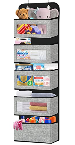 JAYSDAYLY Over the Door Hanging Organizer Storage with 5 Large Pockets,Wall Mount Pantry Organizers with Clear Windows and 2 Metal Hooks for Toilet,Bathroom,Closet,Nursery,Diapers