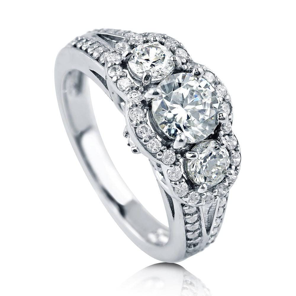 BERRICLE Sterling Silver 3-Stone Wedding Engagement Rings Round Cubic Zirconia CZ Split Shank Ring for Women, Rhodium Plated Size 8