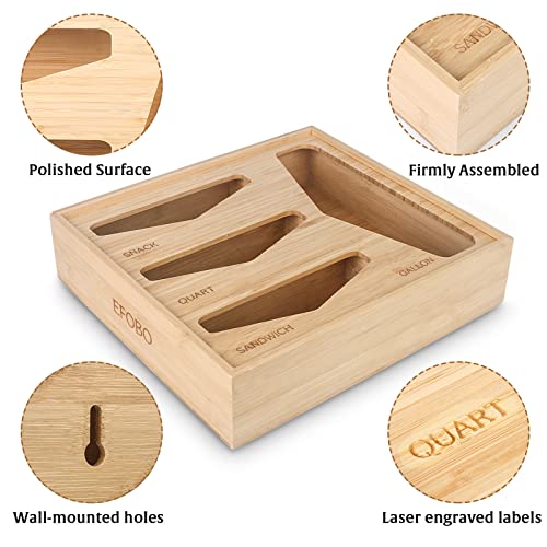 EFOBO Ziplock Bag Storage Organizer, Bamboo Food Storage Bag Organizer, Kitchen Drawer Baggie Holder for Gallon, Quart, Snack & Sandwich Bags