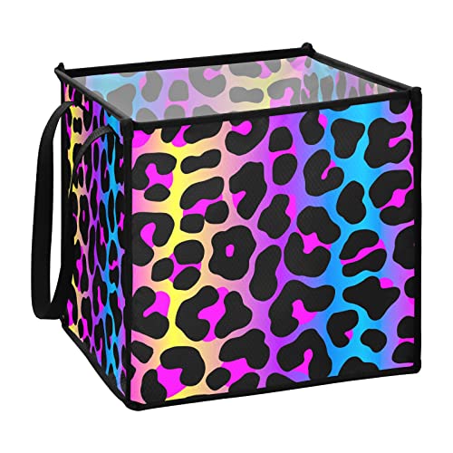 Blueangle Neon Gradient Leopard Print Cube Storage Bin with Handles, 13 x 13 x 13 in, Large Collapsible Organizer Storage Basket for Home Décor(945)