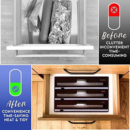 KEEP NEAT Foil and Plastic Wrap Dispenser 3 in 1 Wrap Organizer with labeled slots, Dark Brown