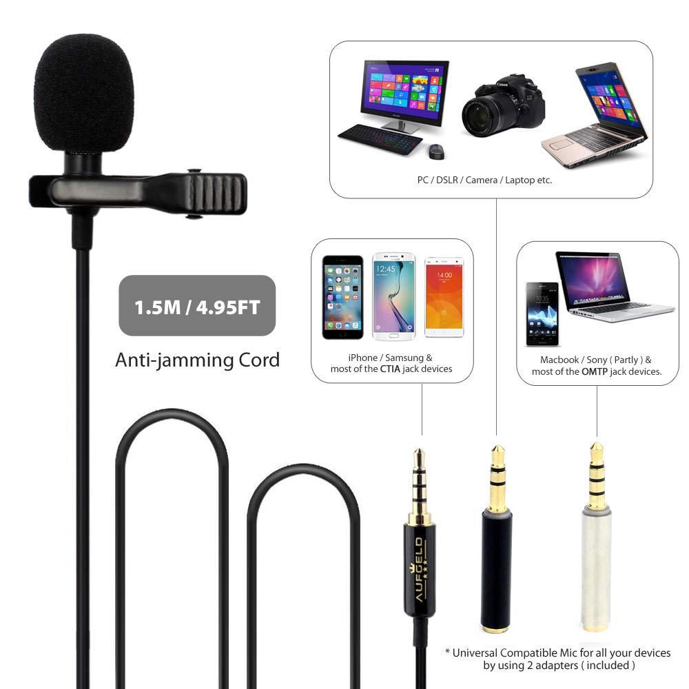 AUFGELD Professional Lavalier Lapel Omnidirectional Microphone Condenser Mic Compatible with iPhone Android Windows Cellphones Clip On Interview Video Filming Voice Podcast Noise Cancelling Vlogger