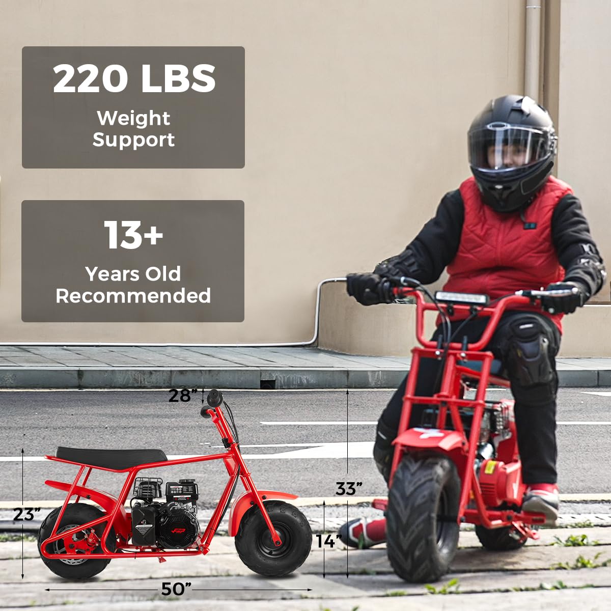 FRP GMB100 Mini Bike, 99CC 4-Stroke Mini Bikes for Adults, Off-Road Motorcycle W/LED Headlight, Goggles, Gloves and Neck Gaiter Up to 28 Mph, Weight Support Up to 220 LBS(Red)