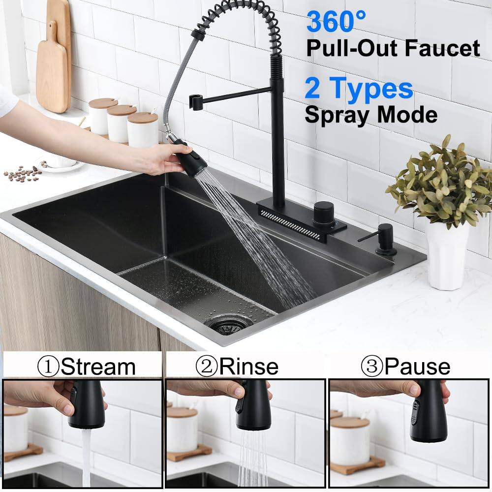 BoomHoze 33-inch Black Waterfall Kitchen Sink Drop in with Faucet Combo, 33x22 Drop-in Kitchen Sink Workstation Topmount 16 Gauge Stainless Steel Single Bowl Kitchen Sink