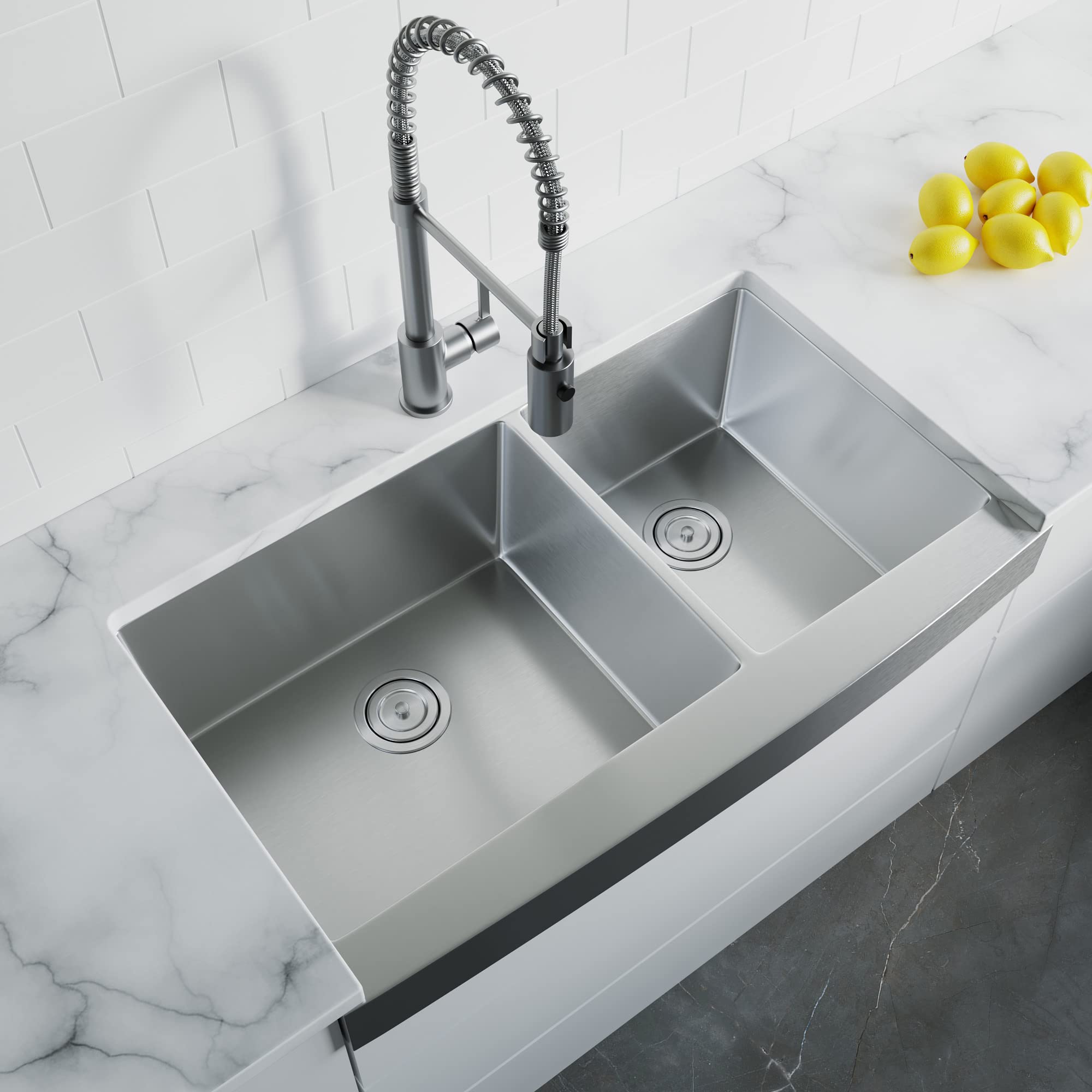 Dowell 10" Deep Apron Front Farmhouse Undermount Double Bowl 35-7/8x20-3/4 Stainless Steel Kitchen Sink (16 Gauge, 6008 3620D)