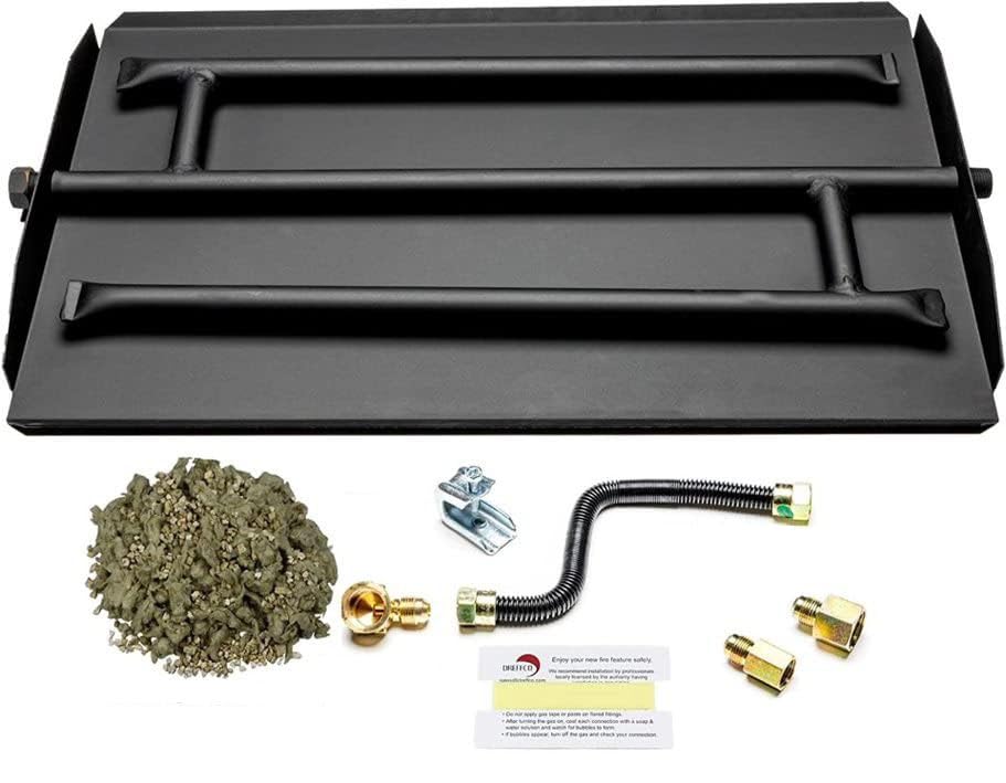 Dreffco 23" Powder Coated Steel Pan for Fire Pit or Fireplace NG - Triple Row Gas Burner Pan & Connection Kit- Specifically for 23" Fire Logs, Easy to Install + Bonus Bag of Glowing Embers