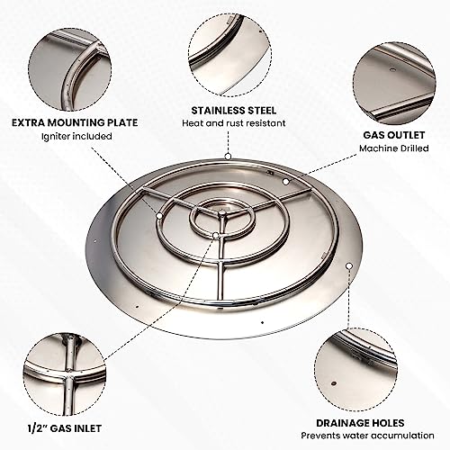 Dreffco Stainless Steel Fire Pit Burner Pan & Ring Standard Kit with Spark Ignition for Natural Gas, 36-Inch Pan, 30-Inch Ring, 200,000 BTU Max