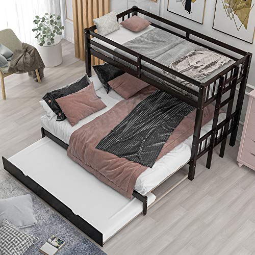 EMKK Twin Over Pull-Out Queen Full Bunk Bed with Trundle, Solid Wood BunkBed Frame with Ladder, Extendable Bunkbeds with Safety Rail for Kids Adults Teens, Espresso