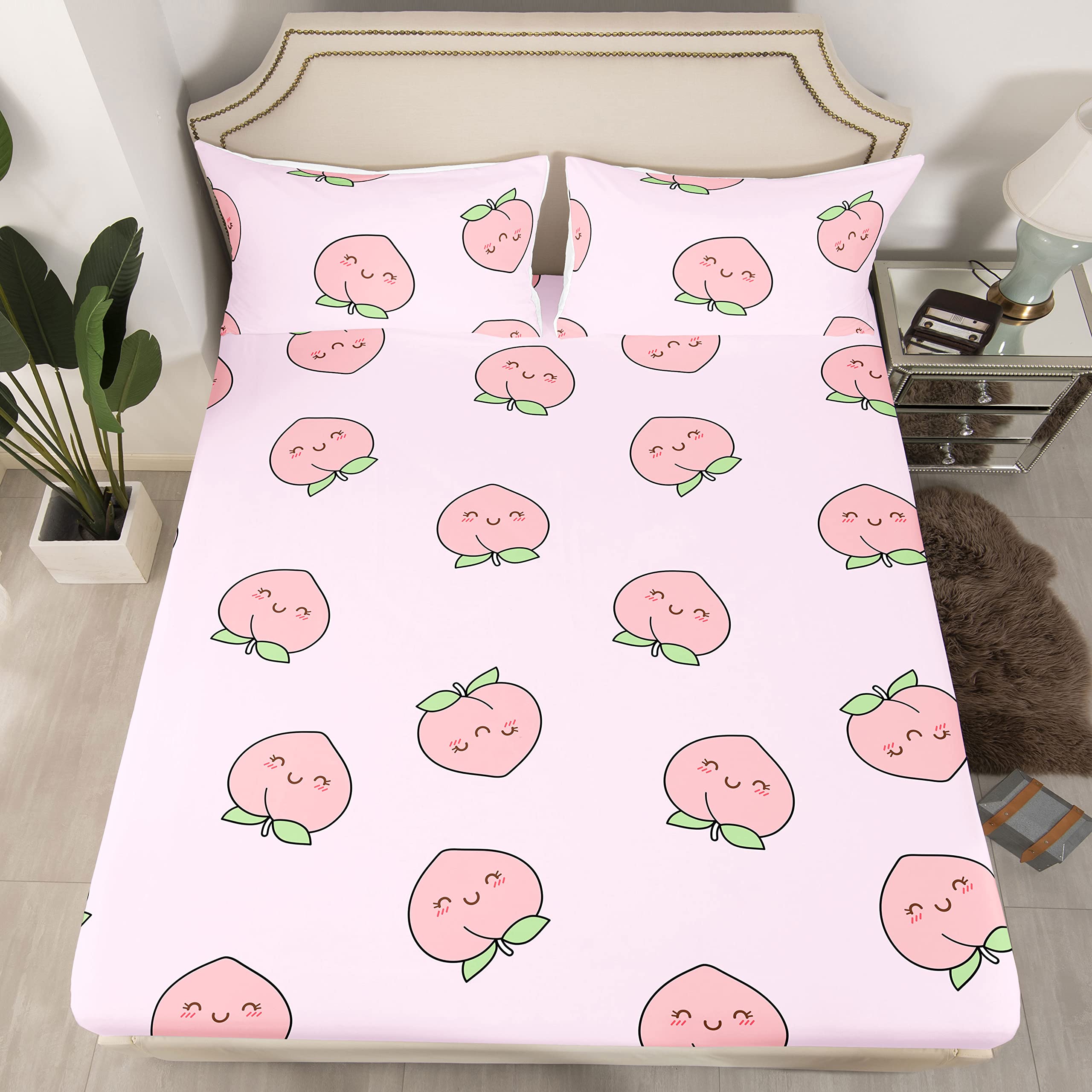 Erosebridal 5 Pieces Peach Bedding Set: Duvet Cover+Bed Sheets (Twin Size)